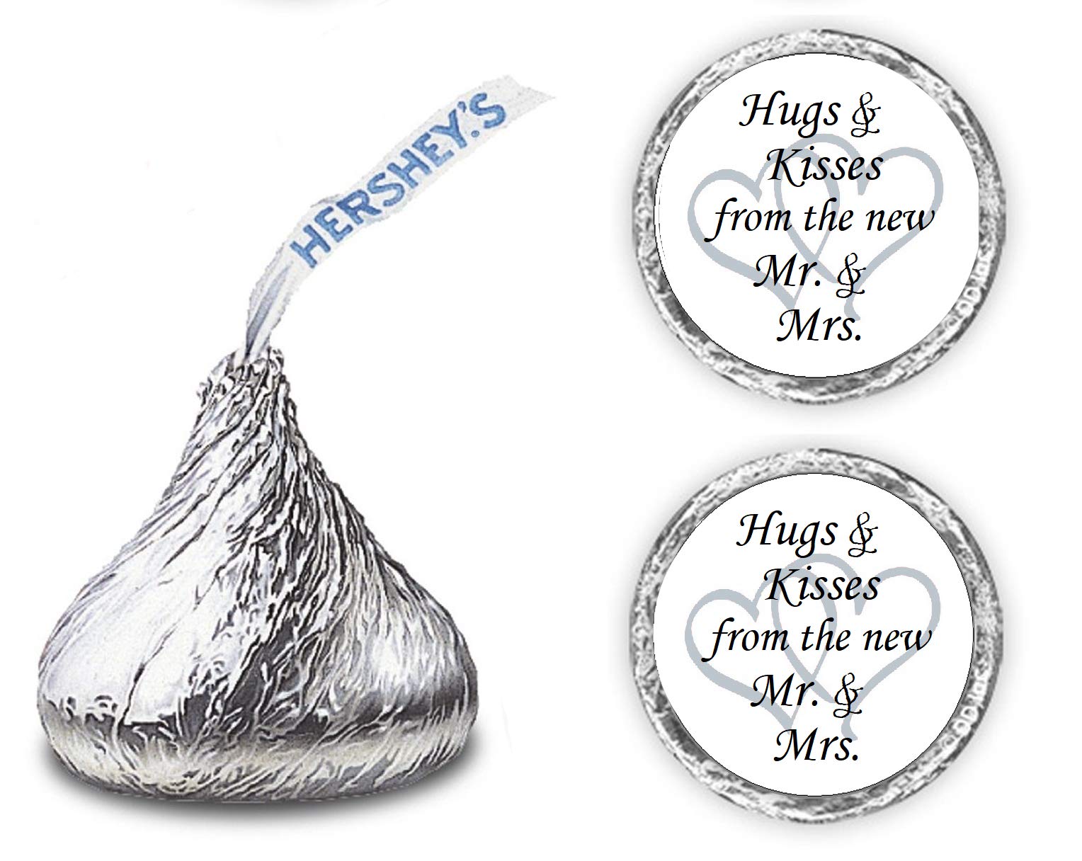 324 Hugs and Kisses from The New Mr. & Mrs. with Interlocking Hearts Wedding Stickers, Chocolate Drops Labels for Bridal Shower Engagement Party Decorations, Favors Decor for Kiss (Silver)