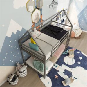 Twin Over Twin Low Bunk Bed, Wood House Bunk Bed Frame with Ladder, Guardrail and Roofs Floor Bunk Bed for Kids, Teens, Girls, Boys,Gray