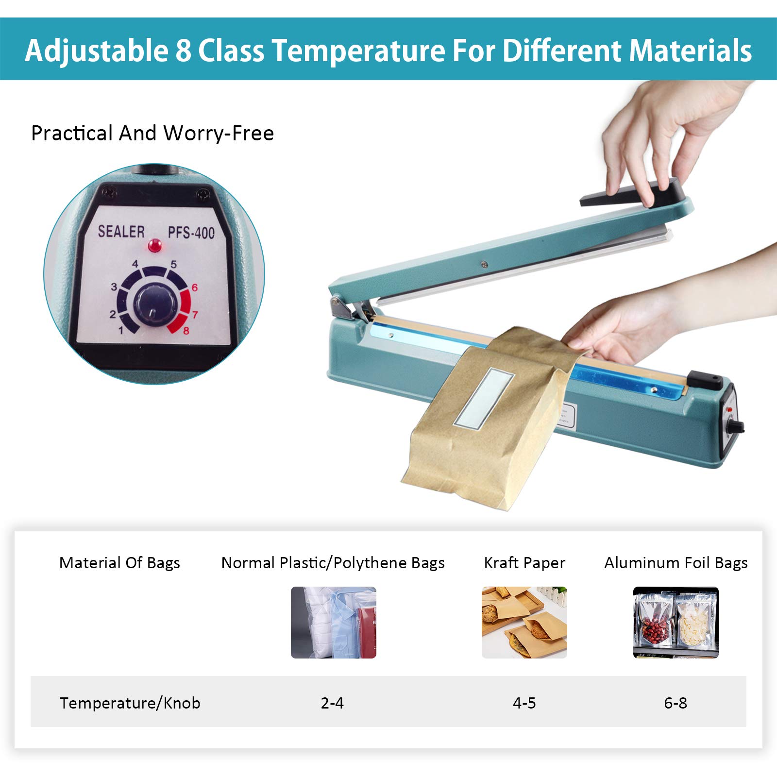 16 inch 400mm Impulse Sealer, Manual Bag Sealer Heat Sealer, Adjustable Timer Electric Heat Seal Bag Sealer Sealing Machine with 2 Free Replacement Kit Tabletop Impulse Sealer, Blue