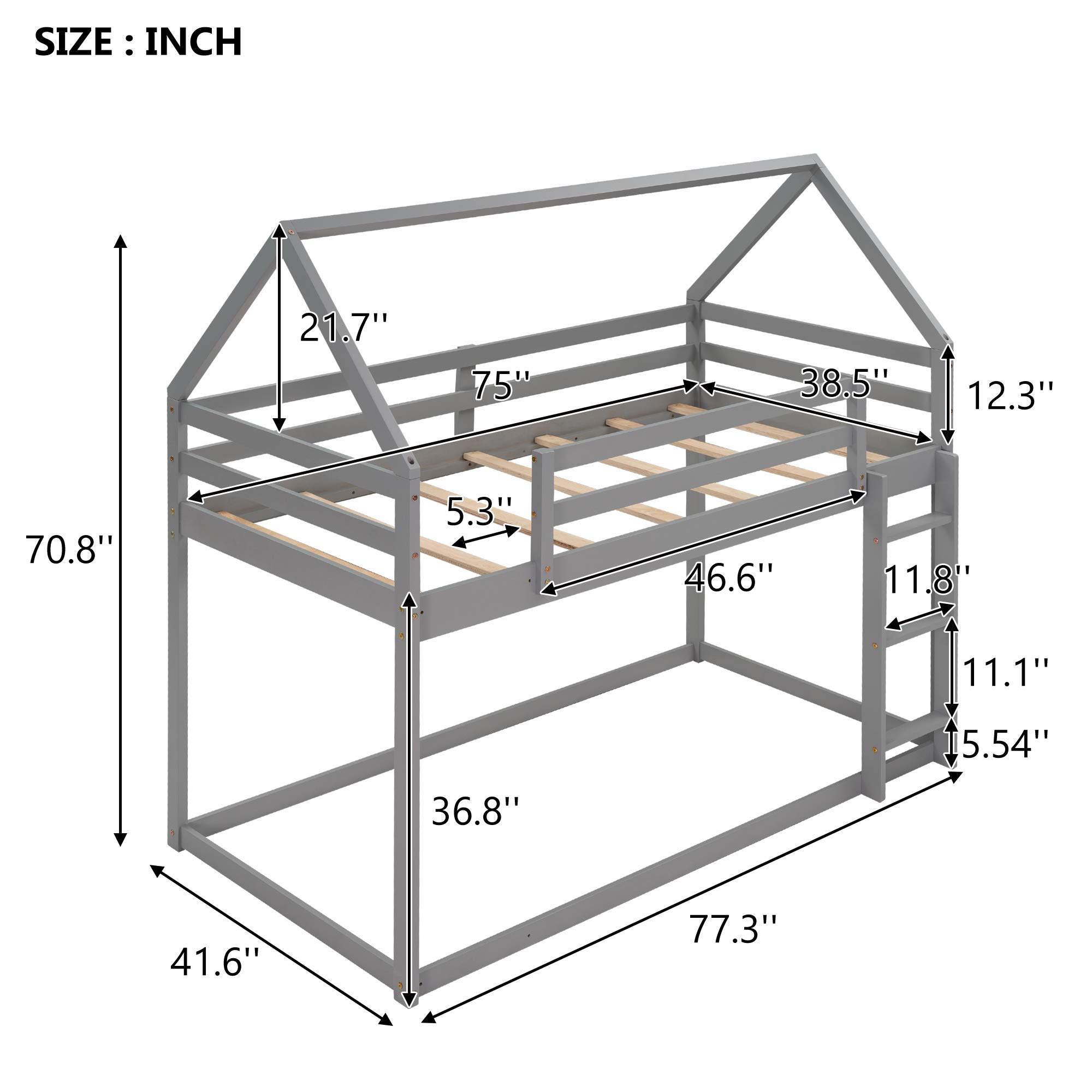 Twin Over Twin Low Bunk Bed, Wood House Bunk Bed Frame with Ladder, Guardrail and Roofs Floor Bunk Bed for Kids, Teens, Girls, Boys,Gray