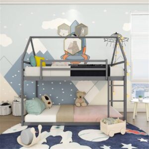 twin over twin low bunk bed, wood house bunk bed frame with ladder, guardrail and roofs floor bunk bed for kids, teens, girls, boys,gray