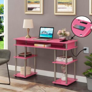 Convenience Concepts Designs2Go No Tools Student Desk with Charging Station and Shelves, Pink