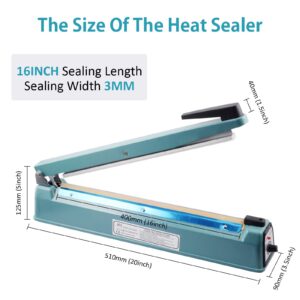 16 inch 400mm Impulse Sealer, Manual Bag Sealer Heat Sealer, Adjustable Timer Electric Heat Seal Bag Sealer Sealing Machine with 2 Free Replacement Kit Tabletop Impulse Sealer, Blue