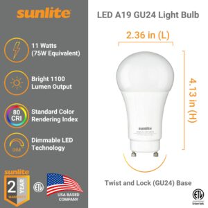 Sunlite A19 GU24 Dimmable Light Bulb, 11 Watts (75W Equivalent) 1100 Lumens, 2 Prong LED Twist and Lock Base, ETL Listed, Rated for Enclosed Fixtures, 5000K Daylight, 6 Pack