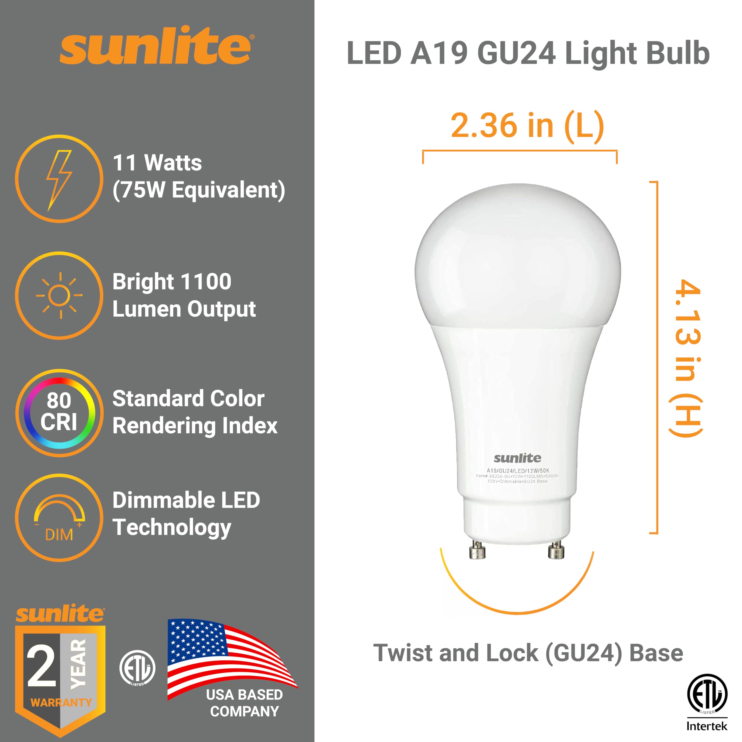 Sunlite A19 GU24 Dimmable Light Bulb, 11 Watts (75W Equivalent) 1100 Lumens, 2 Prong LED Twist and Lock Base, ETL Listed, Rated for Enclosed Fixtures, 5000K Daylight, 6 Pack