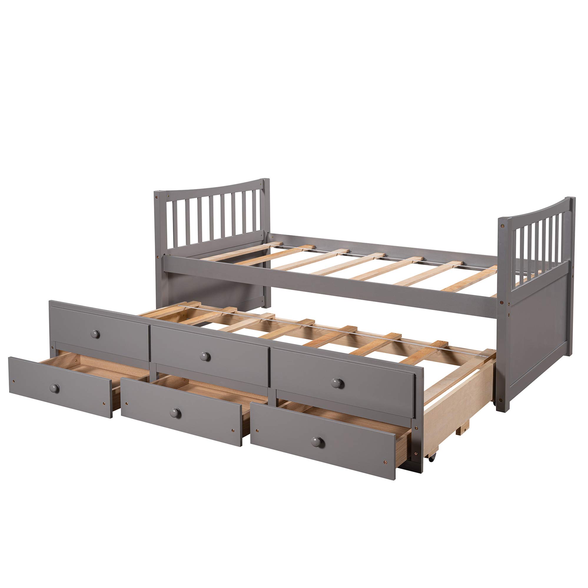 Harper & Bright Designs Twin Captain’s Bed Storage Daybed for Kids Guests Solid Wood Bed with Trundle and Drawers,Gray