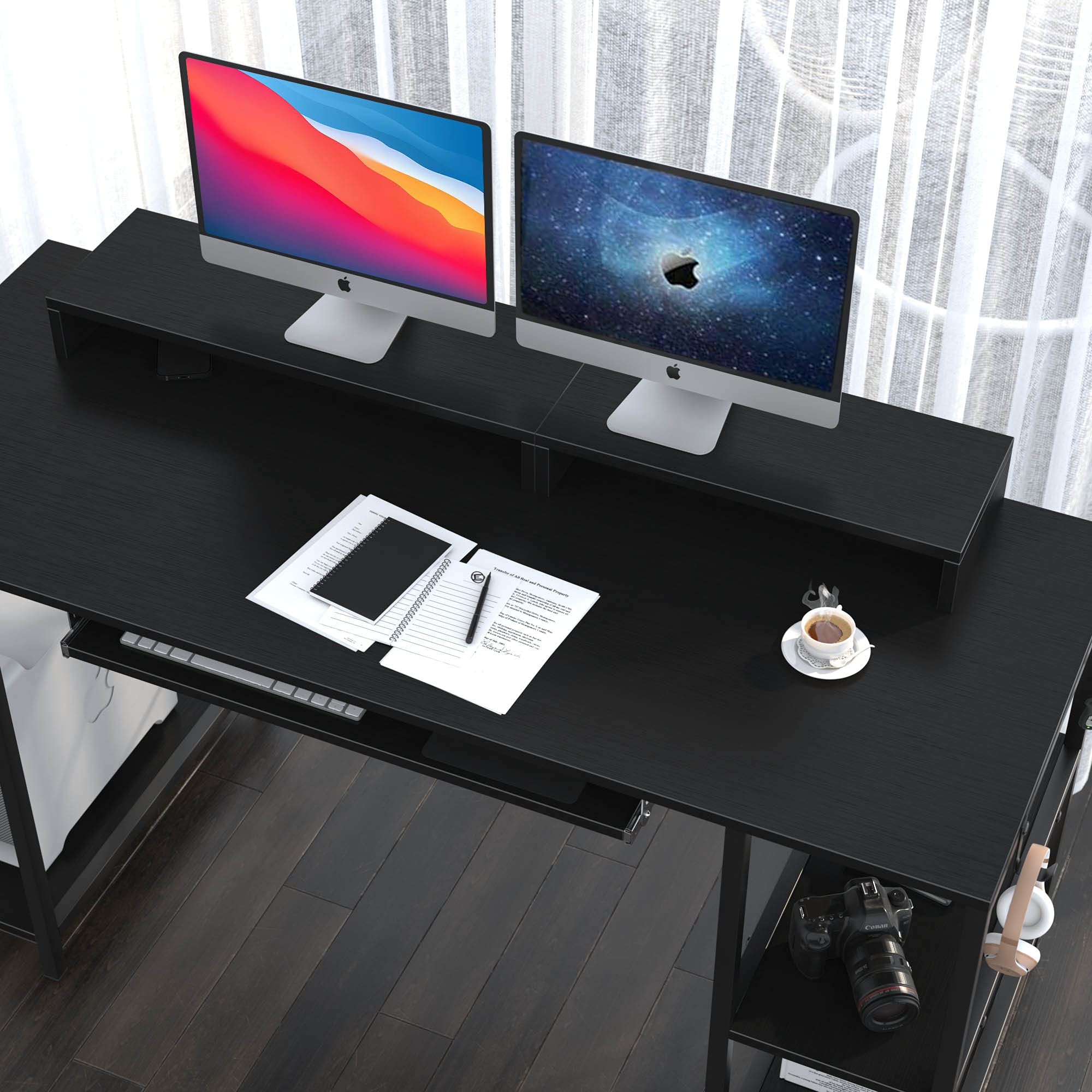 HYPIGO Workstation Desk with Keyboard Tray, 55 Inch Computer Desk with Storage Shelves Monitor Stands and 4 Iron Hooks, Industrial Desk for Home Office