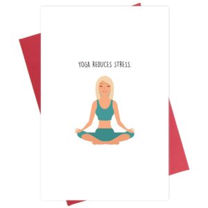 kirynurd birthday card for friend female, funny women birthday card, yoga reduces stress but so does drinking...