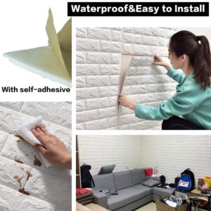 Sodeno 3D Wall Panels Peel and Stick, 14.5 Sq Ft Coverage,Printable Faux Brick Wallpaper Sticker with Self-Adhesive Waterproof Foam for Interior Wall Decor, Bathroom, Home Decoration (10 Pcs) (White)