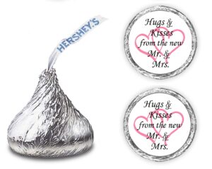 324 hugs and kisses from the new mr. & mrs. with interlocking hearts wedding stickers, chocolate drops labels for bridal shower engagement party decorations, favors decor for kiss (pink)