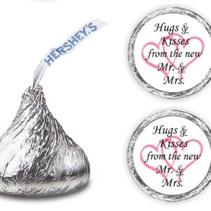 324 Hugs and Kisses from The new Mr. & Mrs. with Interlocking Hearts Wedding Stickers, Chocolate Drops Labels for Bridal Shower Engagement Party Decorations, Favors Decor for Kiss (Pink)