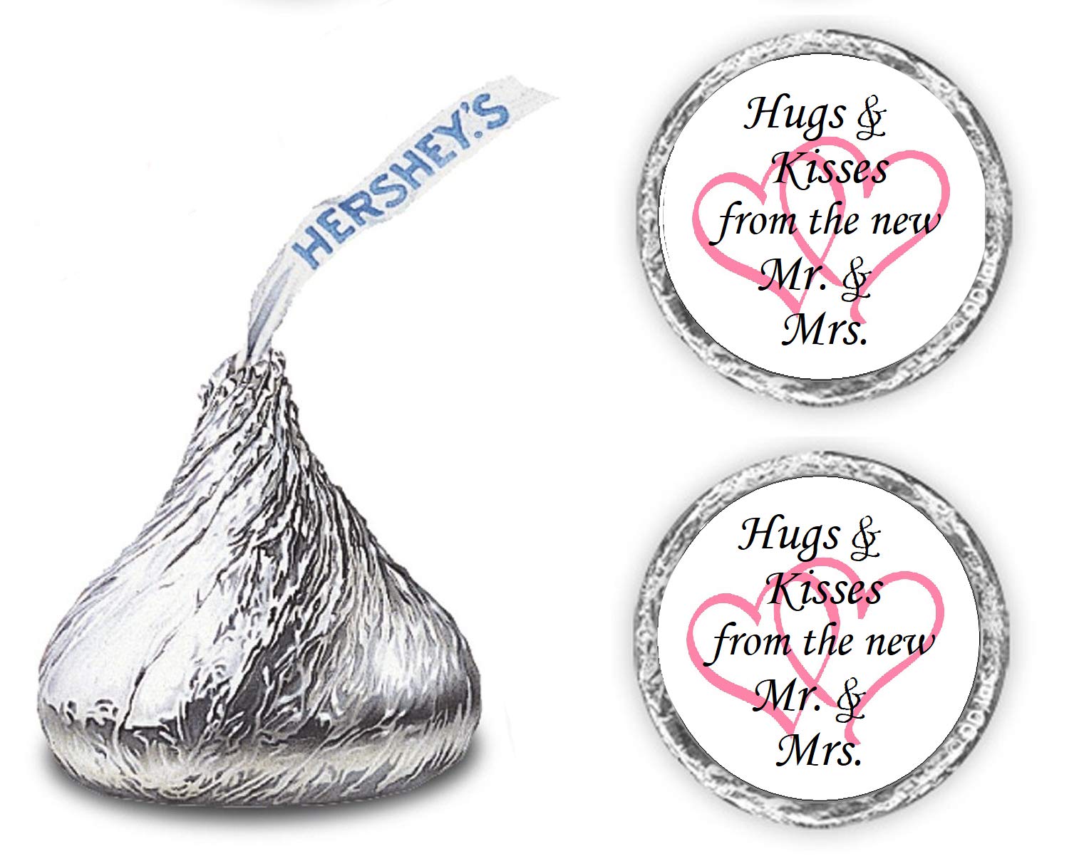 324 Hugs and Kisses from The new Mr. & Mrs. with Interlocking Hearts Wedding Stickers, Chocolate Drops Labels for Bridal Shower Engagement Party Decorations, Favors Decor for Kiss (Pink)