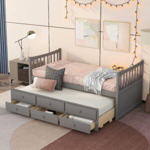 harper & bright designs twin captain’s bed storage daybed for kids guests solid wood bed with trundle and drawers,gray