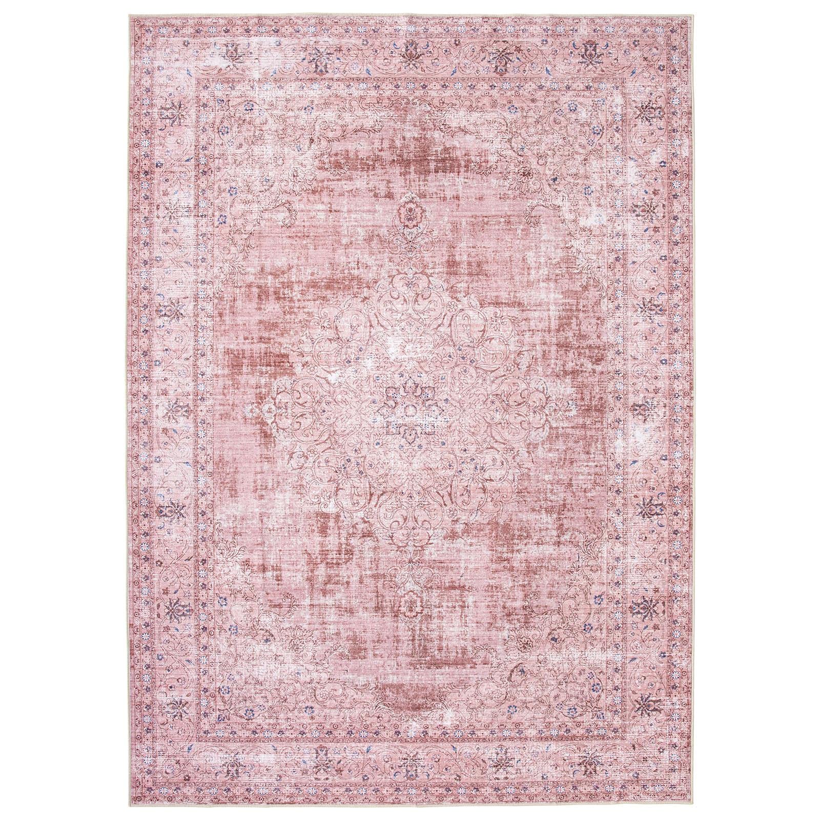 DECOMALL Kalina Washable Area Rugs Pink, Bohemian Vintage Foldable Carpet for Foyer Laundry Room Bedroom, 4x6ft