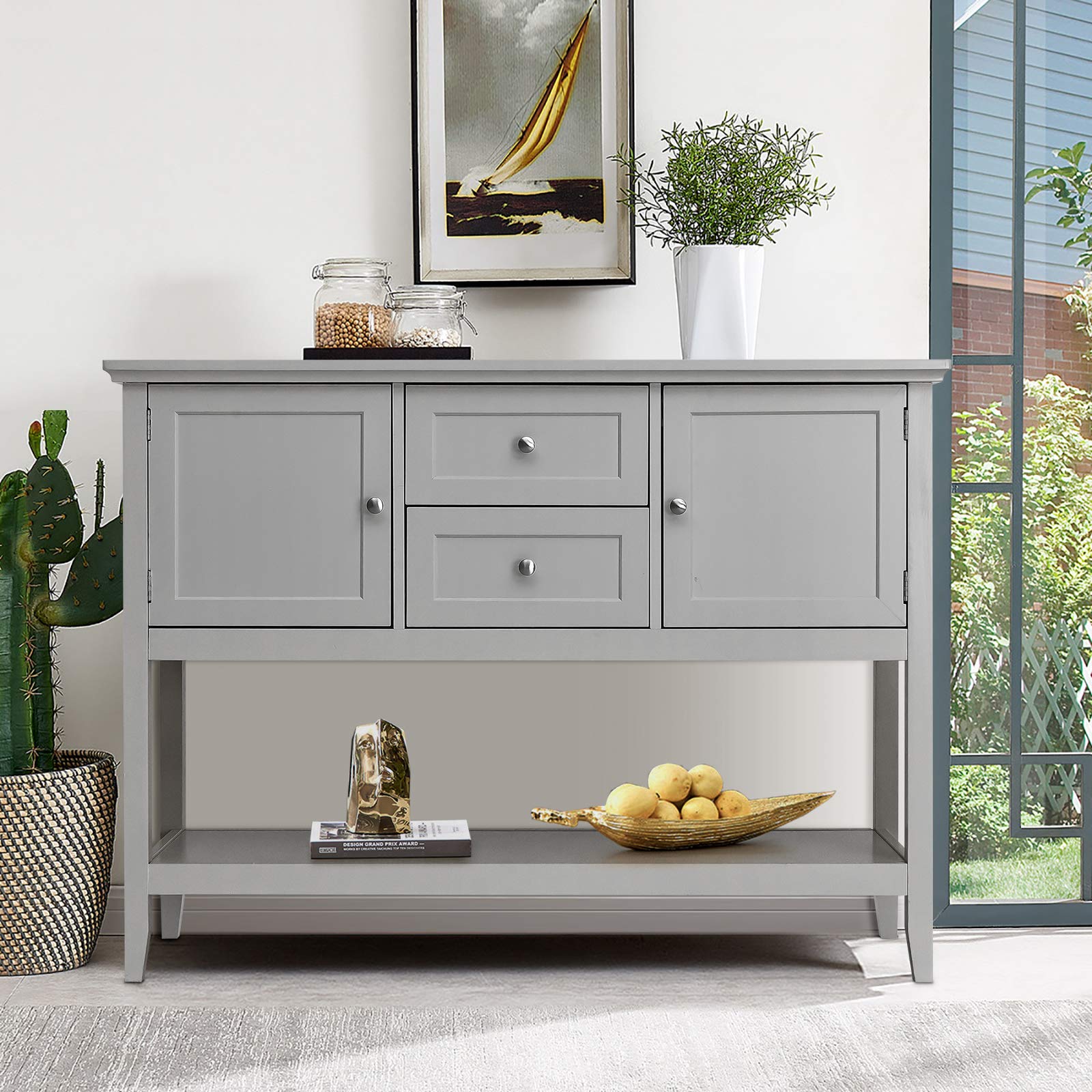 Giantex Buffet Sideboard, Wood Storage Cabinet, Console Table with Storage Shelf, 2 Drawers and Cabinets, Living Room Kitchen Dining Room Furniture, Wood Buffet Server (Grey)