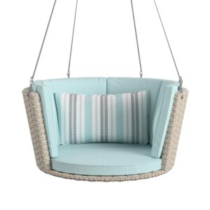 novogratz poolside gossip collection, sally patio swing, aqua haze cushions, light taupe wicker