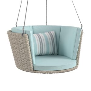 Novogratz Poolside Gossip Collection, Sally Patio Swing, Aqua Haze Cushions, Light Taupe Wicker