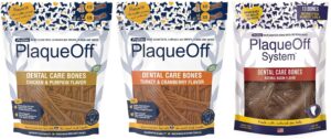 proden plaqueoff 3 flavor dental bone dog treat bundle: chicken & pumpkin, turkey & cranberry, and bacon, 17 ounces each