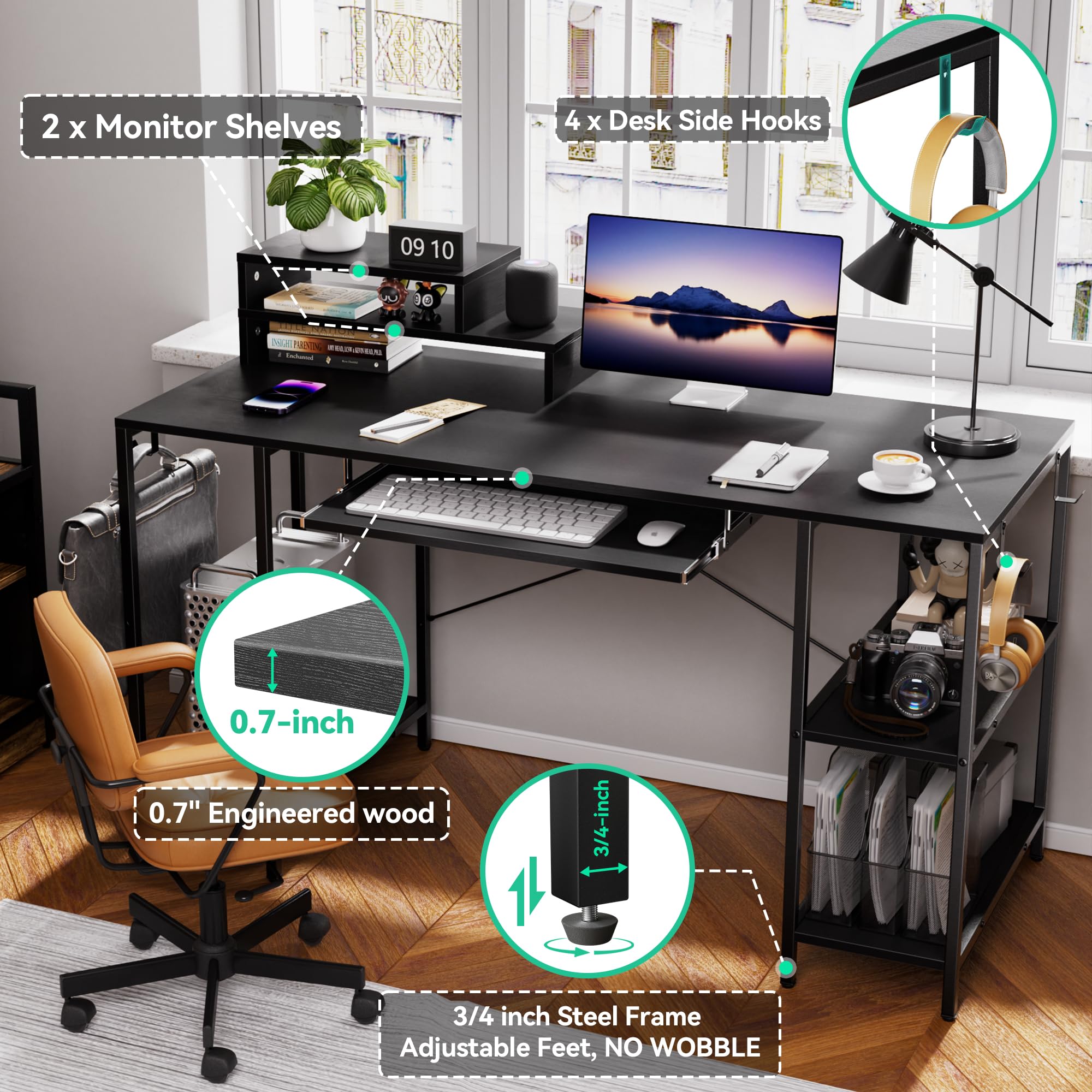 HYPIGO Workstation Desk with Keyboard Tray, 55 Inch Computer Desk with Storage Shelves Monitor Stands and 4 Iron Hooks, Industrial Desk for Home Office