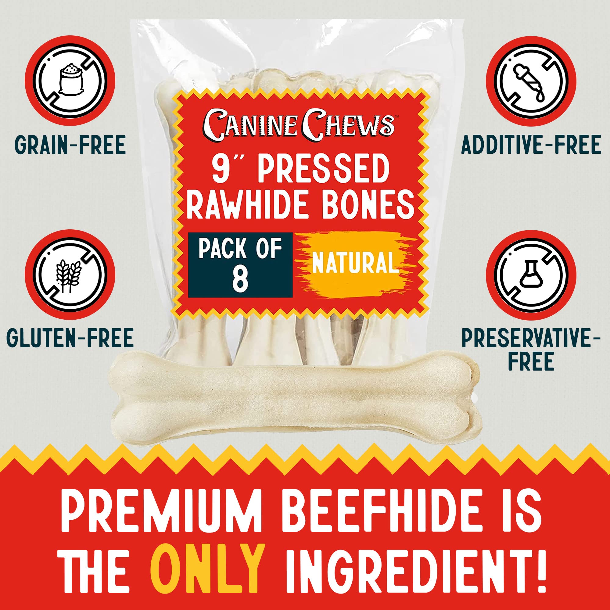 Canine Chews Pressed Rawhide Bones for Large Dogs - 9" Long Lasting Dog Chews - Compressed Beefhide Large Dog Chew Bones - Chew Toy Dog Bones - Raw Hide Bones Dog for Aggressive Chewers (9 inch, 8pk)