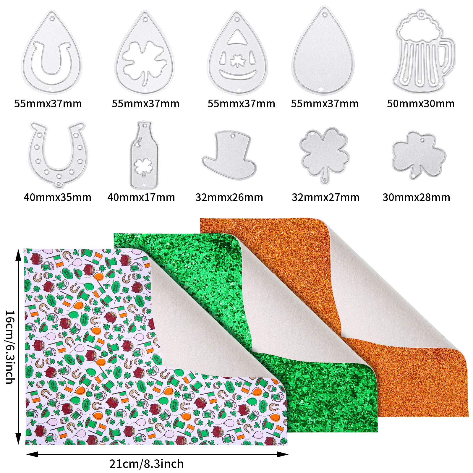 Weewooday 22 Pieces St. Patrick's Day Faux Leather Sheets and Earring Cutting Dies Shamrock Teardrop Hat Earring Die Cutting Glitter Leather Fabric for St. Patrick's Day DIY Earrings Hair Bow Craft