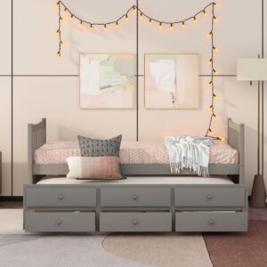 Harper & Bright Designs Twin Captain’s Bed Storage Daybed for Kids Guests Solid Wood Bed with Trundle and Drawers,Gray