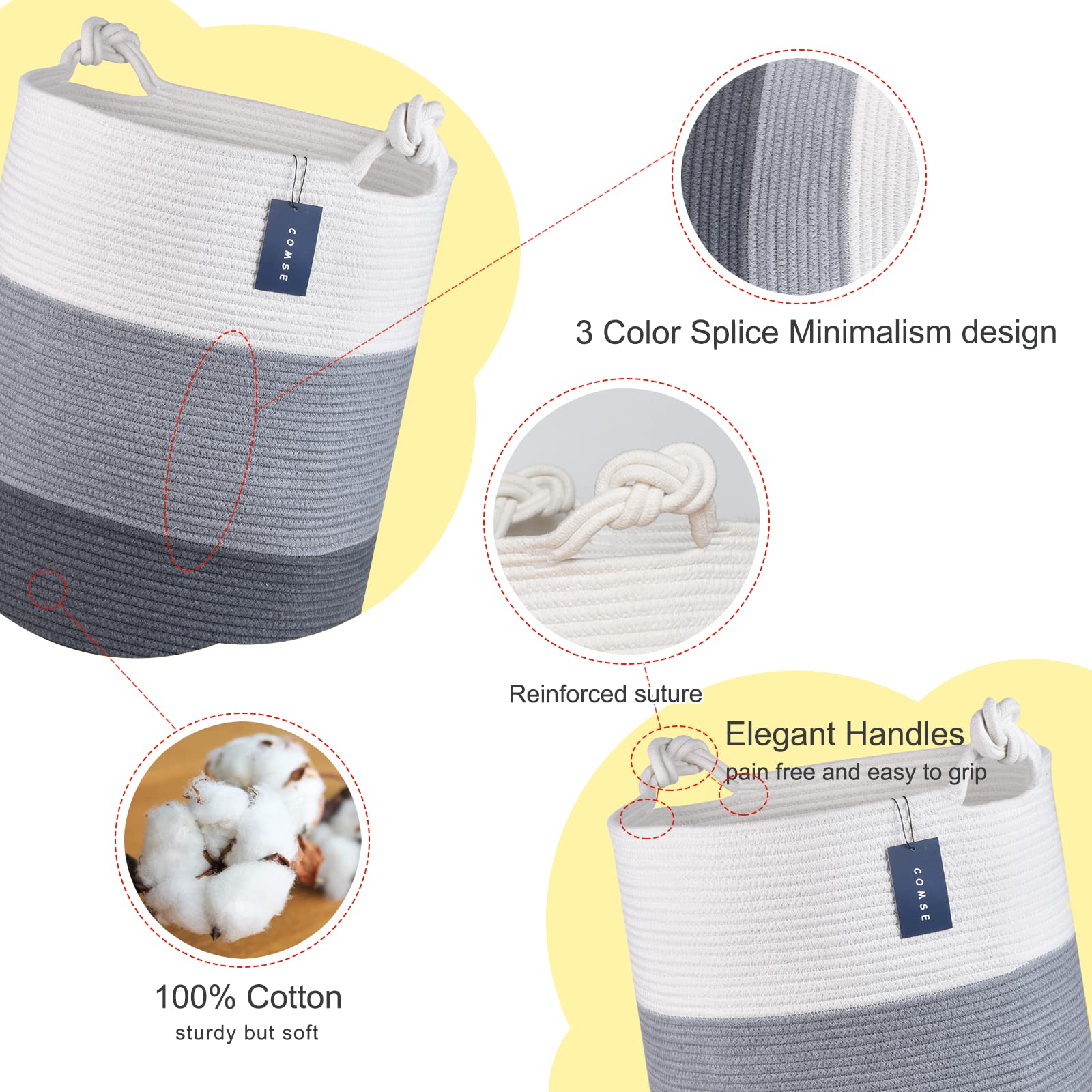 COMSE Laundry Hamper, Extra Large 15.7"x 21.7", Cotton Rope Basket, Portable, White & Light Gray & Dark Gray