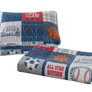 Linen Plus Bedspread Set Kids/Teens All Star Sport Basketball Soccer Baseball Football Plaid Patchwork Pattern Blue Red Grey Orange White # Go Team (Twin)