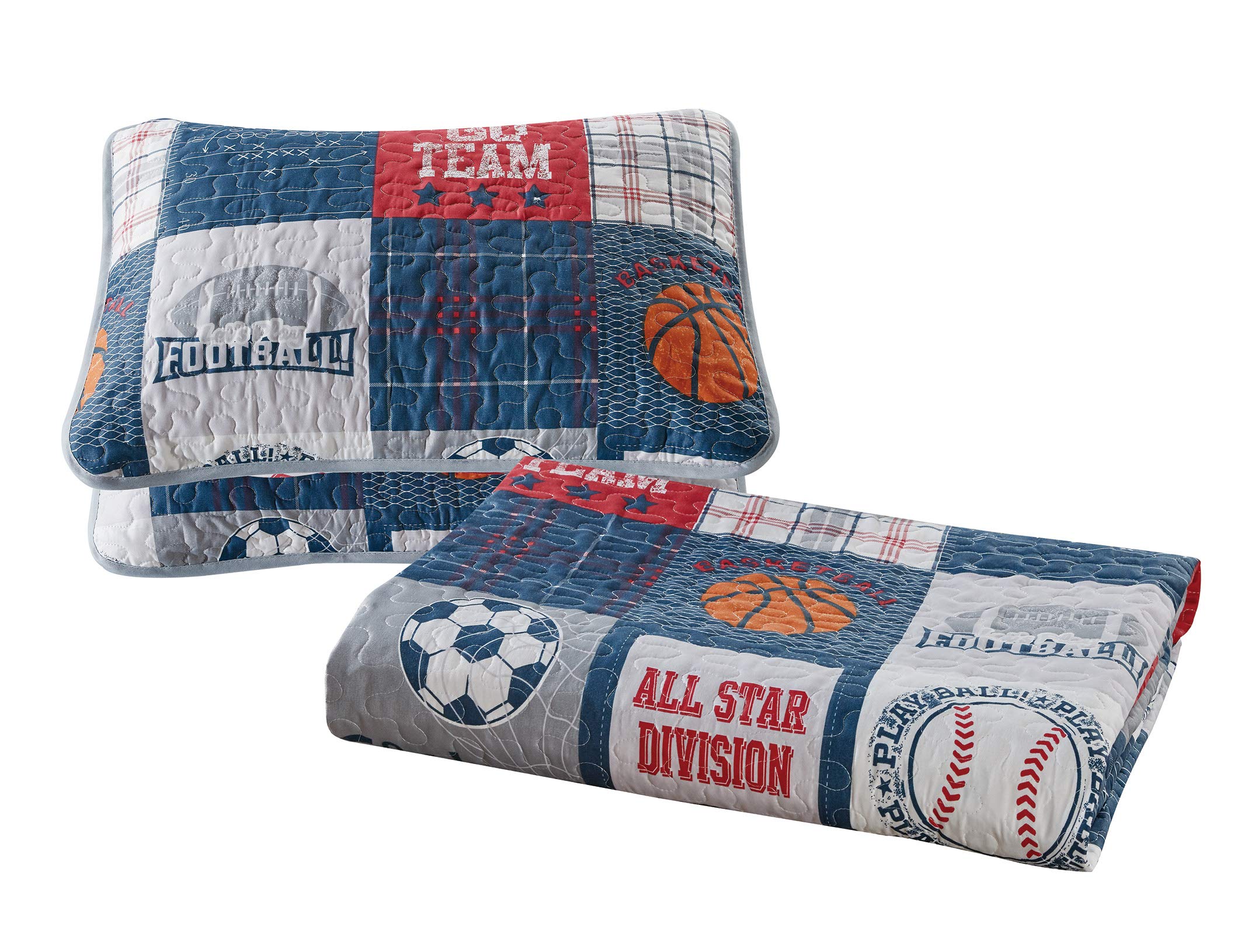 Linen Plus Bedspread Set Kids/Teens All Star Sport Basketball Soccer Baseball Football Plaid Patchwork Pattern Blue Red Grey Orange White # Go Team (Twin)