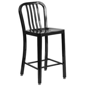 BizChair Commercial Grade 24" H Black Metal Indoor-Outdoor Counter Stool w/Slat Back