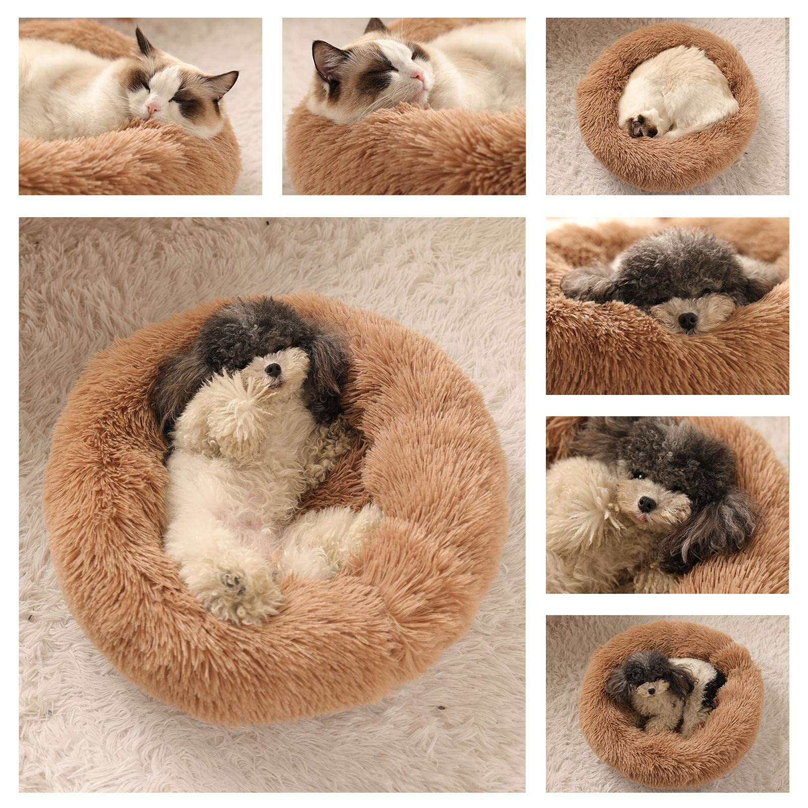 Dog Bed Calming Dog Beds for Small Medium Large Dogs - Round Donut Washable Dog Bed, Anti-Slip Faux Fur Fluffy Donut Cuddler Anxiety Cat Bed(28'' Khaki