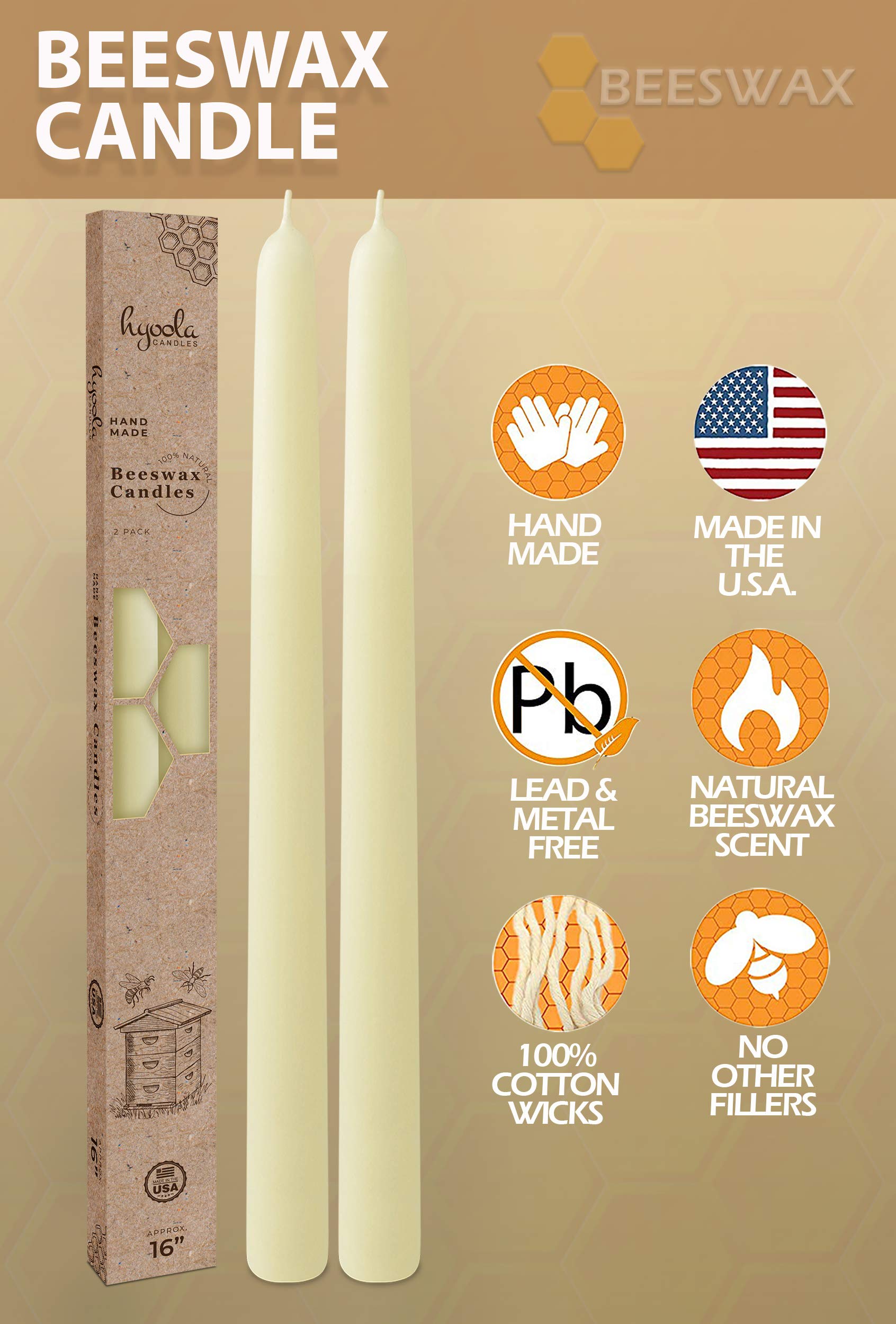 Hyoola 16" Beeswax Taper Candles - 16 Hour Burn Time - White Beeswax Candles - 2 Pack