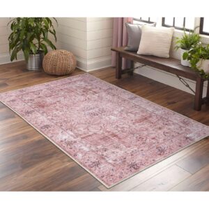 DECOMALL Kalina Washable Area Rugs Pink, Bohemian Vintage Foldable Carpet for Foyer Laundry Room Bedroom, 4x6ft