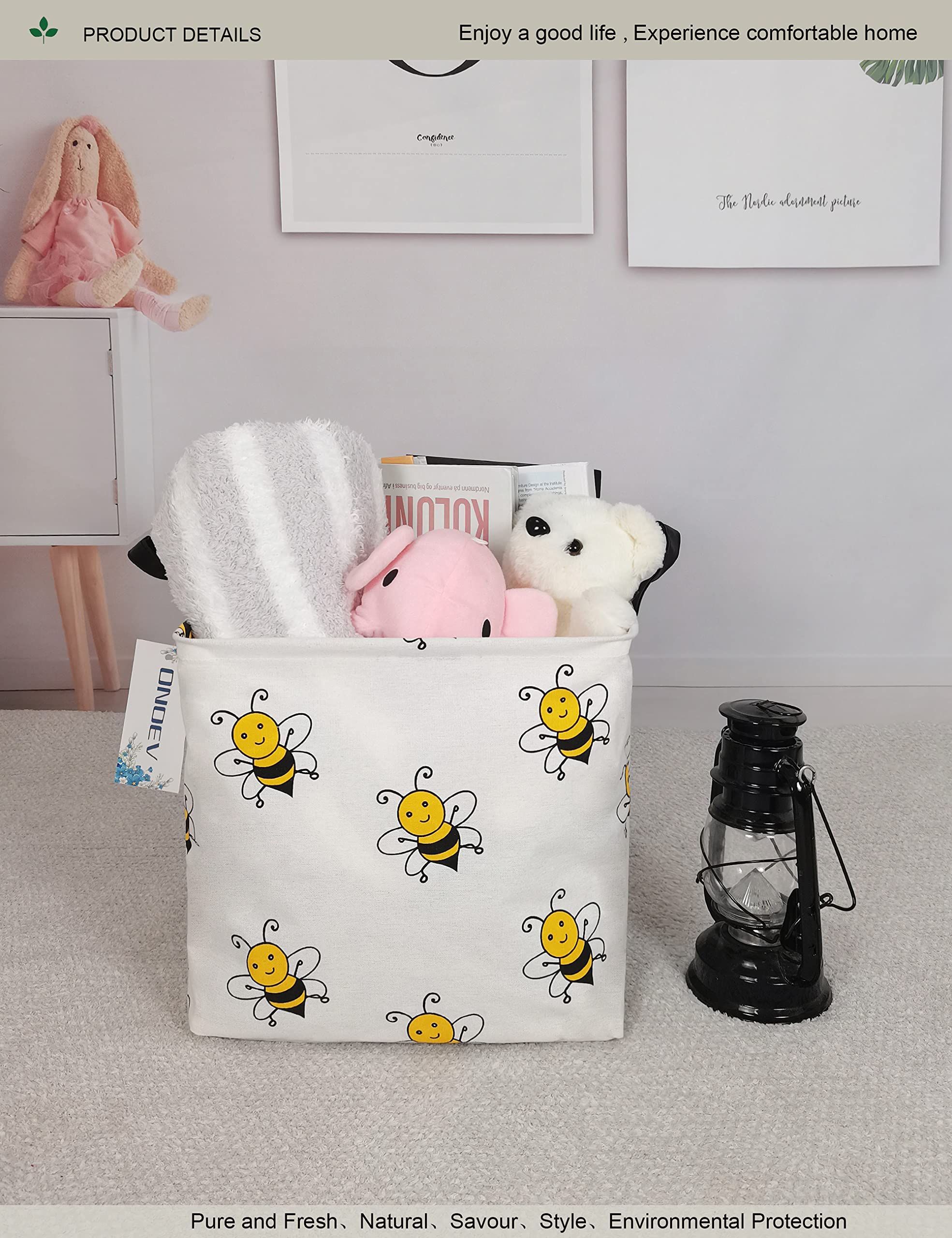 ONOEV Square Fabric storage box, decorative basket and finishing basket with handle are used for the storage of clothes, books and sundries (Black Vertical Arrow)