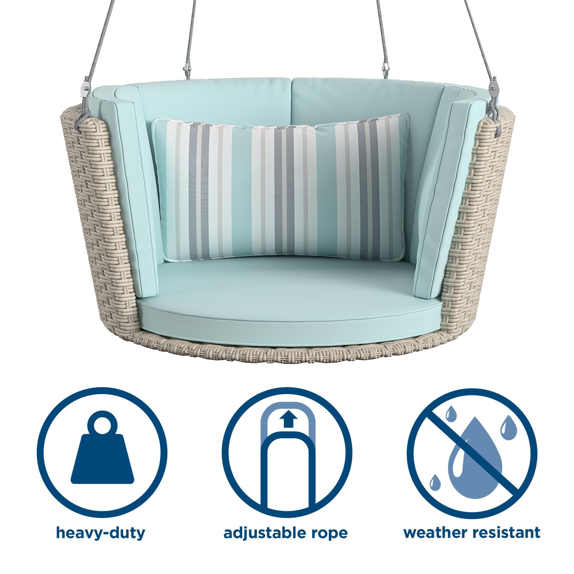 Novogratz Poolside Gossip Collection, Sally Patio Swing, Aqua Haze Cushions, Light Taupe Wicker