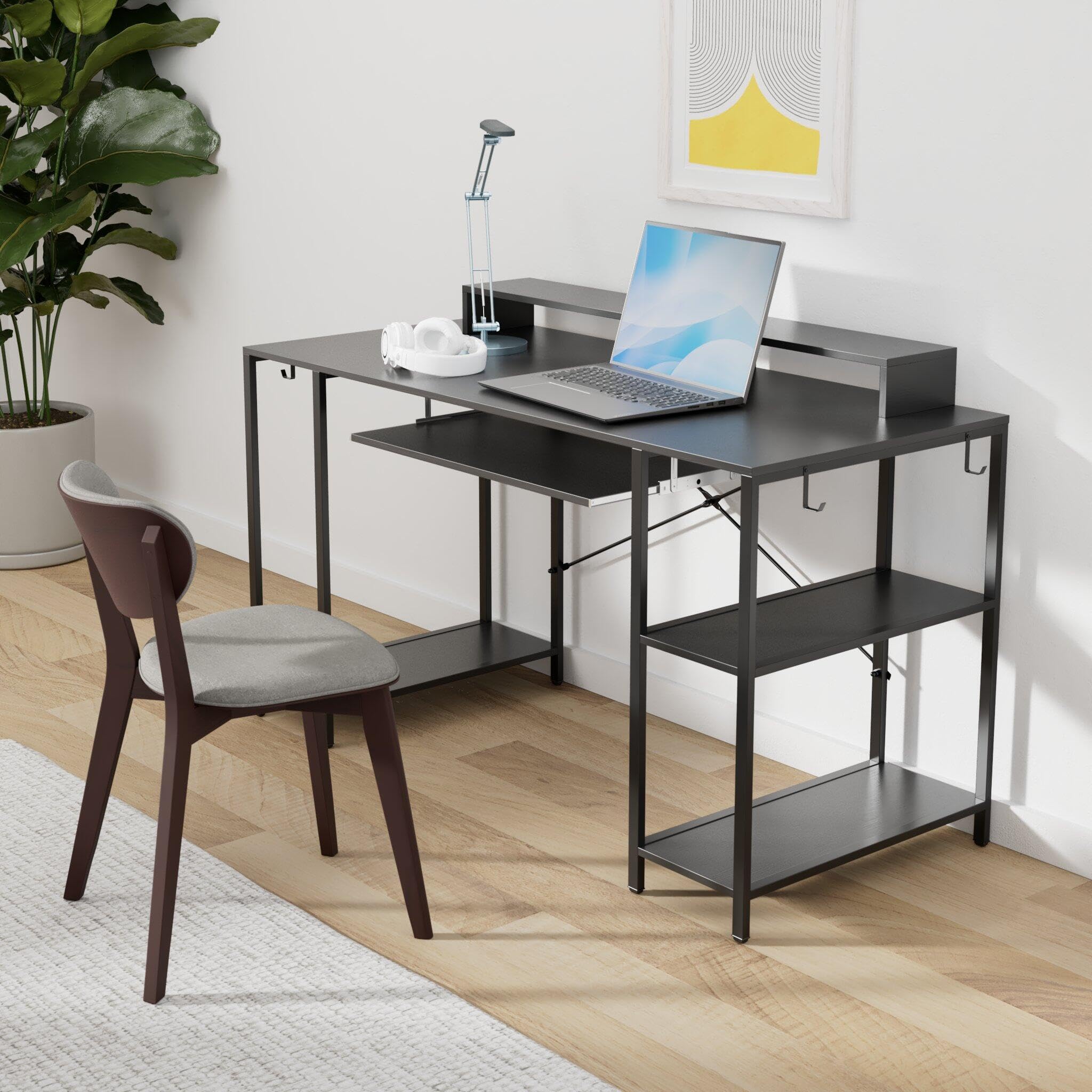 HYPIGO Workstation Desk with Keyboard Tray, 55 Inch Computer Desk with Storage Shelves Monitor Stands and 4 Iron Hooks, Industrial Desk for Home Office