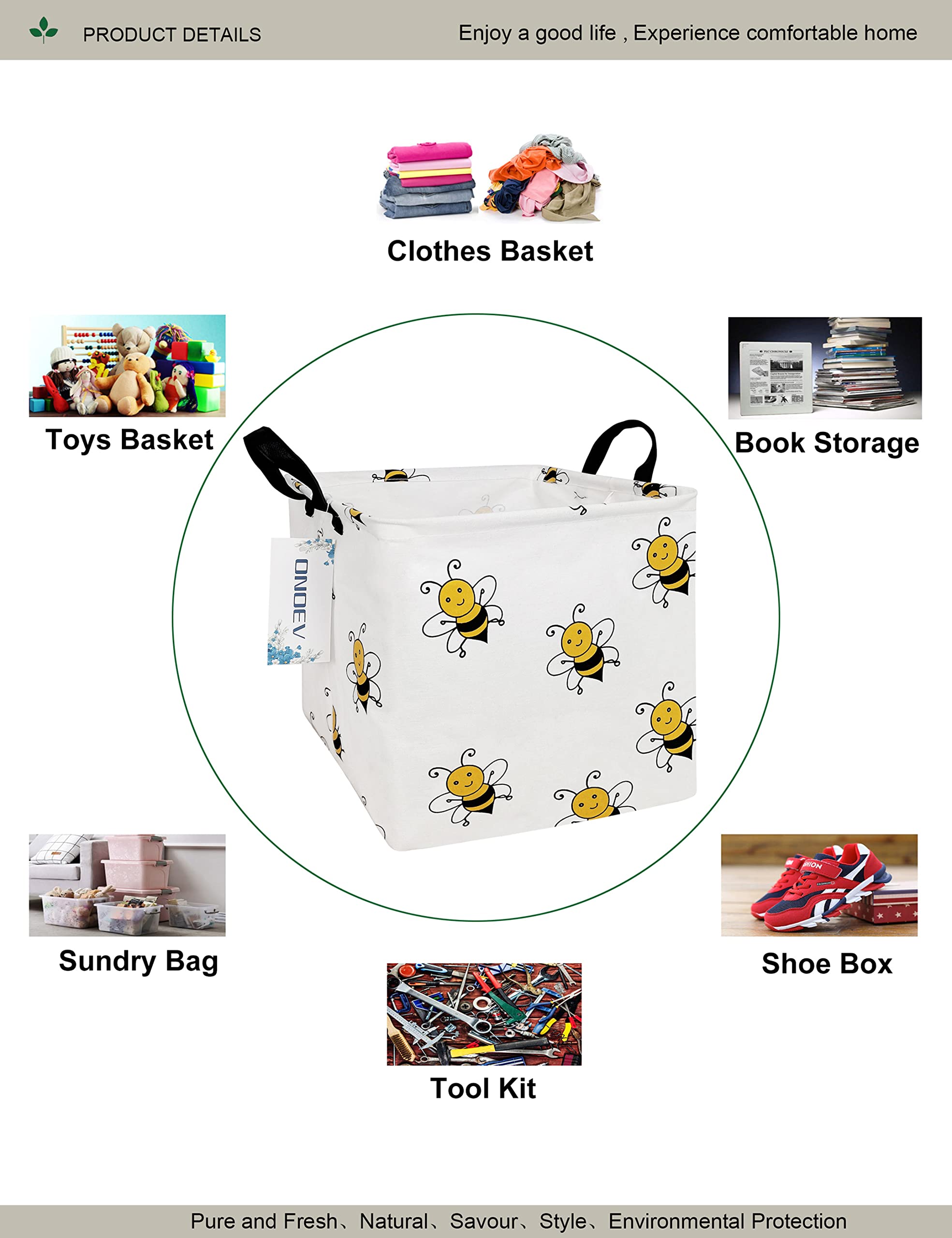 ONOEV Square Fabric storage box, decorative basket and finishing basket with handle are used for the storage of clothes, books and sundries (Black Vertical Arrow)