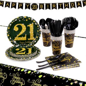 21st birthday party supplies set-16 guests-black and gold disposable tableware kit, 21 years birthday decorations, include paper plates, 12oz cups napkins banners tablecloth straws cutlery…