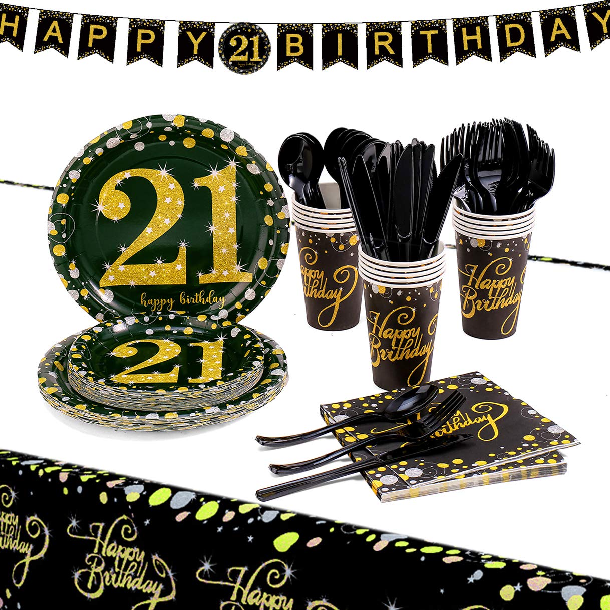 21st Birthday Party Supplies Set-16 Guests-Black And Gold Disposable Tableware kit, 21 Years Birthday Decorations, Include Paper Plates, 12oz Cups Napkins Banners Tablecloth Straws Cutlery…