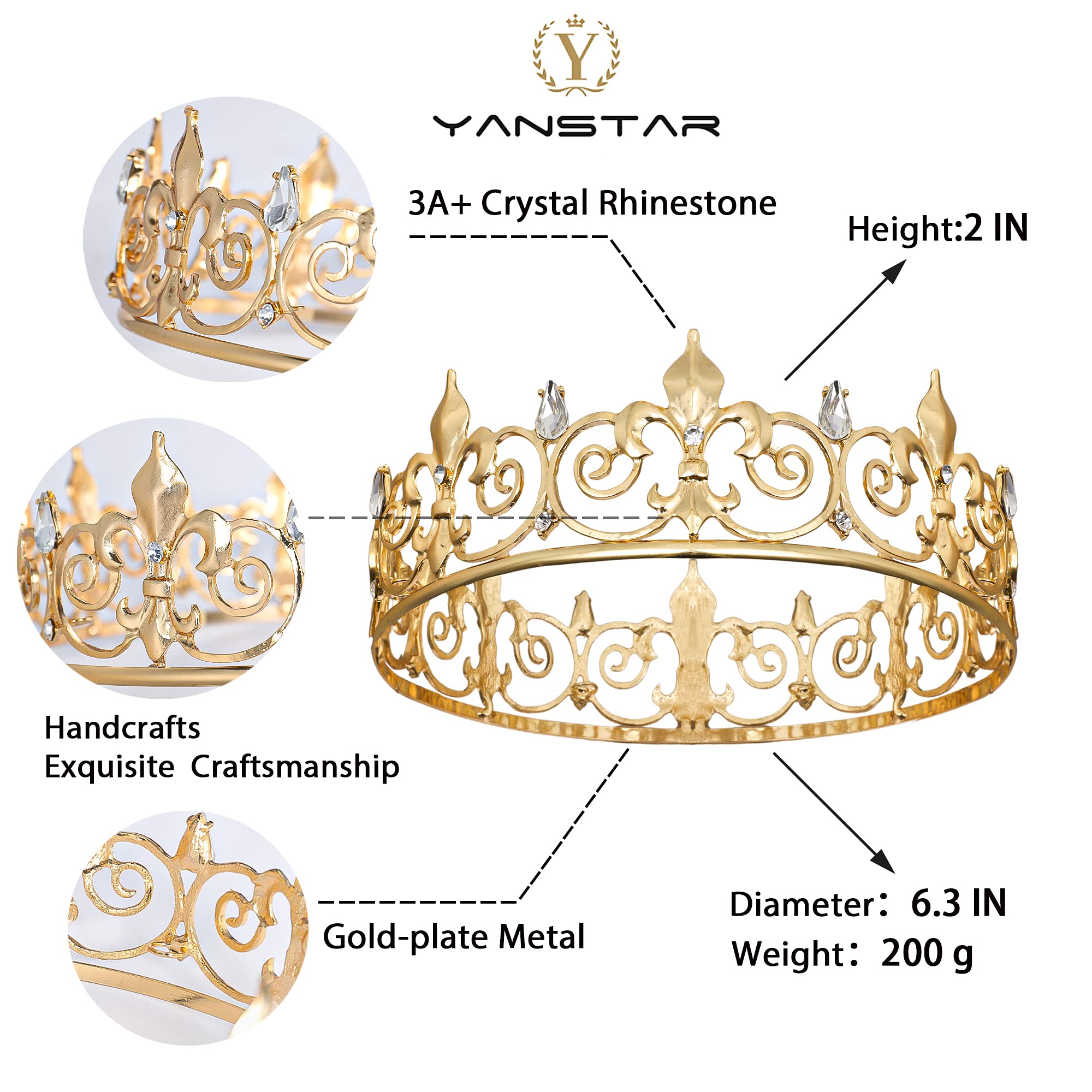 yanstar Gold King Crowns for Men, Metal Royal Prince Crown and Tiaras for Birthday Prom Party Hats Costume