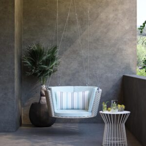 Novogratz Poolside Gossip Collection, Sally Patio Swing, Aqua Haze Cushions, Light Taupe Wicker