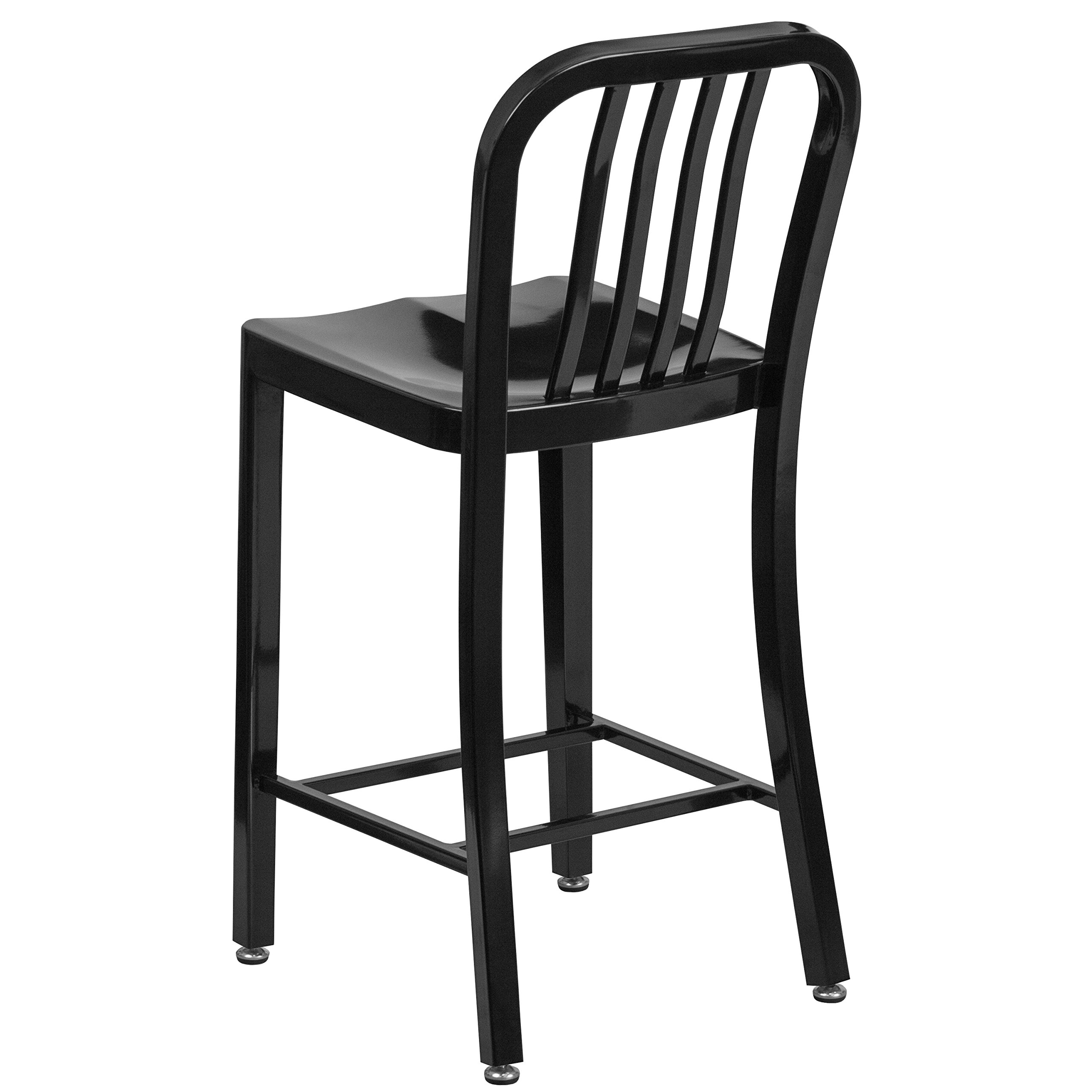 BizChair Commercial Grade 24" H Black Metal Indoor-Outdoor Counter Stool w/Slat Back