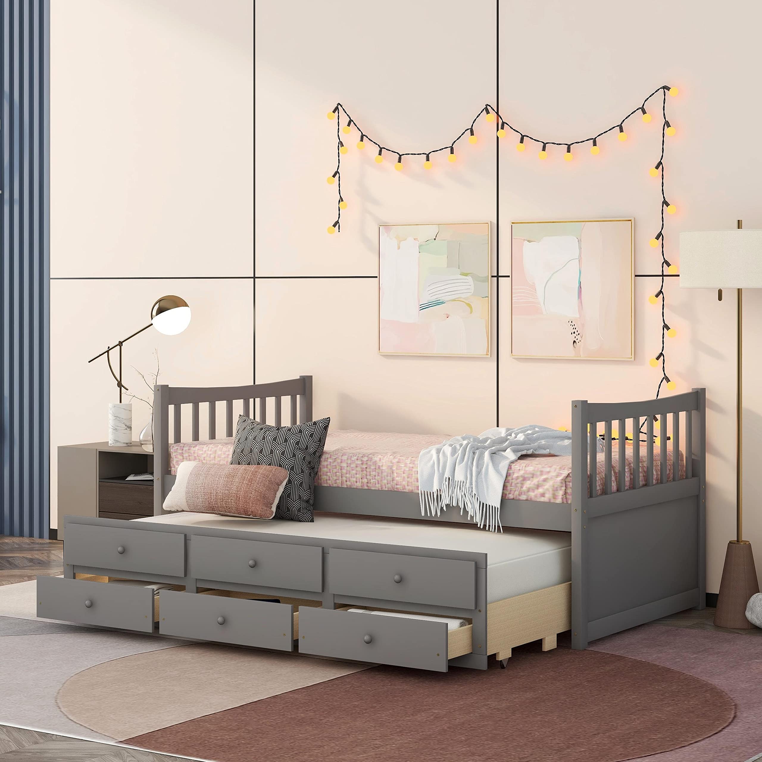 Harper & Bright Designs Twin Captain’s Bed Storage Daybed for Kids Guests Solid Wood Bed with Trundle and Drawers,Gray