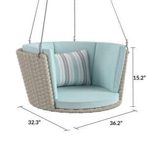 Novogratz Poolside Gossip Collection, Sally Patio Swing, Aqua Haze Cushions, Light Taupe Wicker