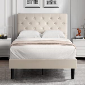 Catrimown Twin Size Bed Frame, Linen Upholstered Platform Bed with Complete Headboard, Strong Wooden Slats, No Box Spring Needed, Easy Assembly, Beige