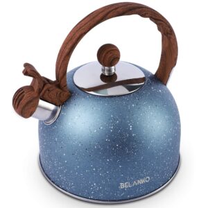 belanko 2.3 quart / 2.5 liter stainless steel tea kettles, food grade stovetops tea pot with wood pattern handle loud whistling for tea, coffee, milk etc, gas electric applicable - blue