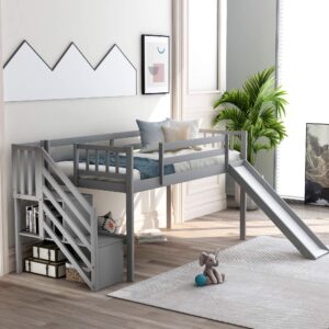 low loft bed with stairs for kids and toddlers wood loft bed frame with slide twin loft beds with stairway storage for boys girls, gray