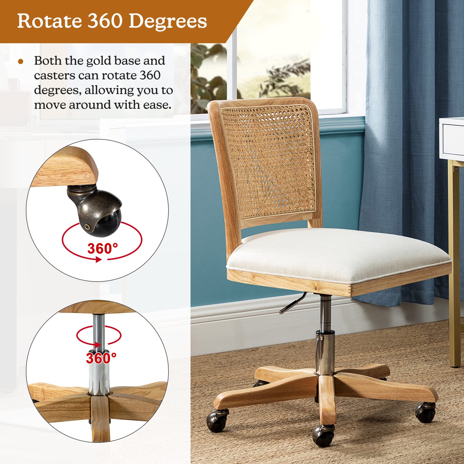 Modern Home Office Chair Comfortable Upholstered Armless Desk Chair, Adjustable Swivel Rolling Computer Chair with Rattan Mid-Back Support, Linen