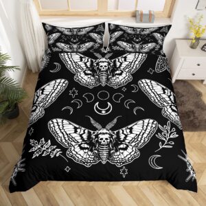 death moth duvet cover set queen size youth gothic skull bedding set 3pcs for kids boys teens room decor, moth skeleton skull comforter cover moon stars quilt cover with 2 pillowcases, no comforter