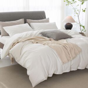 ELIMMO Bedding Duvet Cover Set Linen Like Texture 100% Cotton 3 Pieces with Zipper Closure Super Soft Cozy Breathable Natural Dreamy Chic Feel (Off White, Queen)